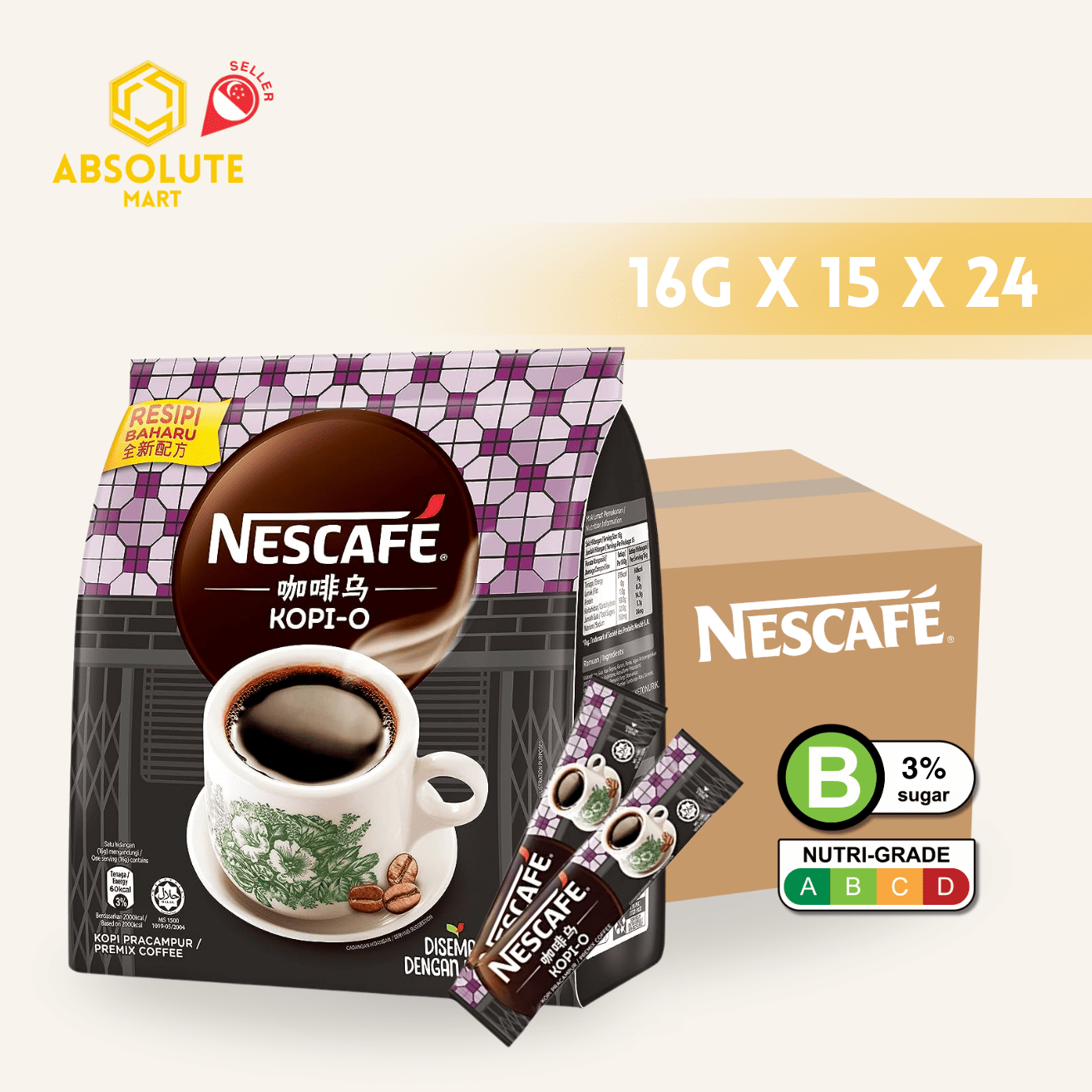 [CARTON] NESCAFE KOPI O 2 IN 1 24 PACK X 15 STICKS X 16G (SACHETS ...